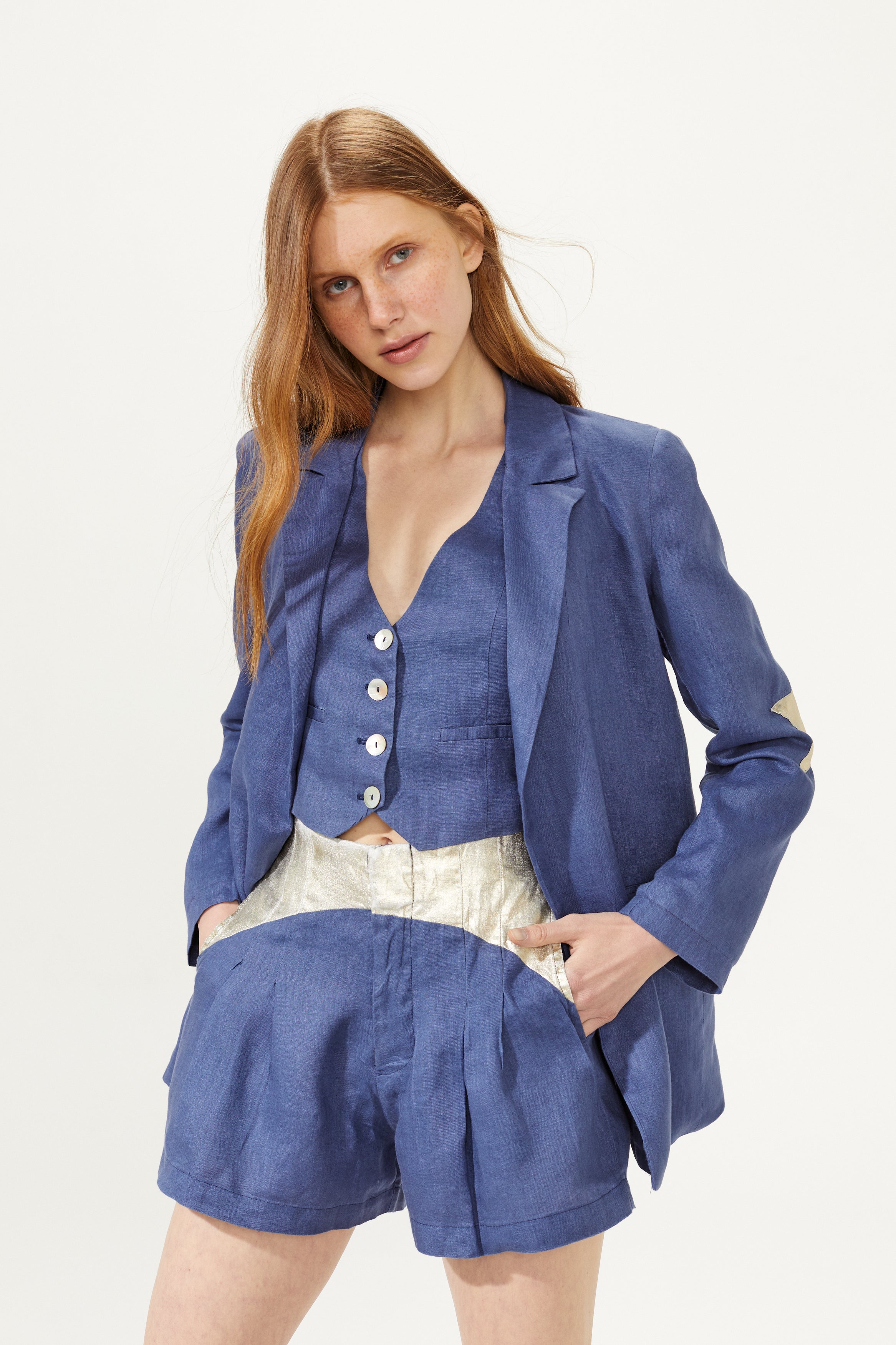 Sunset Linen Short - Deep Blue with Gold – Lanhtropy